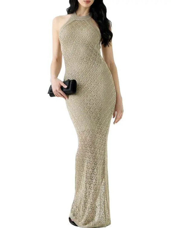 Guess Pointelle Knit Metallic Gown - Medium Beige