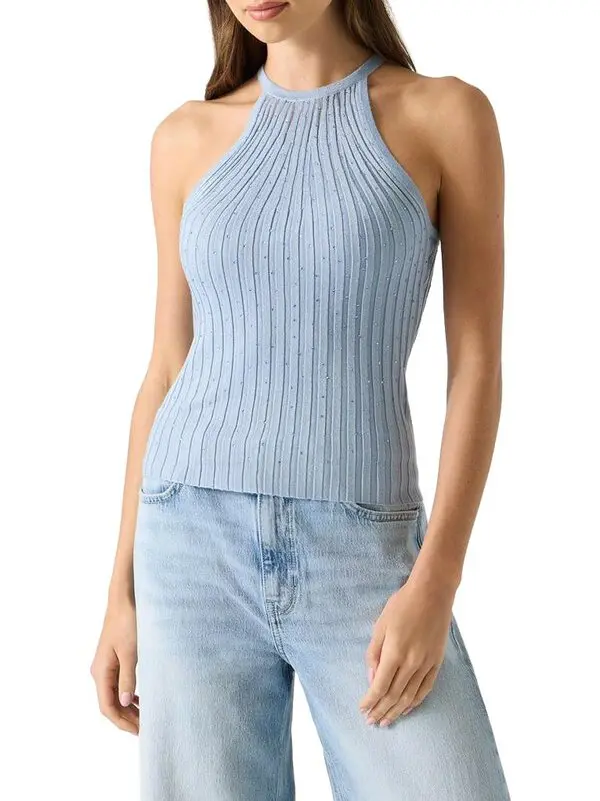Guess Metallic Rib Knit Halter Tank Top - Blue