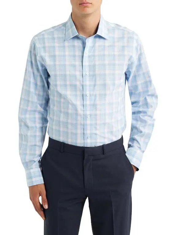 Lorenzo Uomo Trim Fit Plaid Check Cotton Dress Shirt - Light Blue