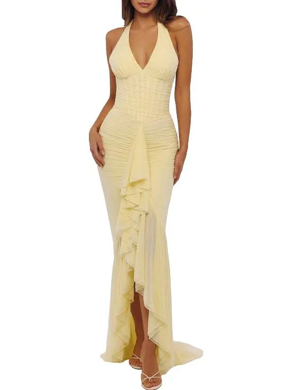 House Of Cb Carmine Ruched Mesh Halter Maxi Dress - Lemon Yellow