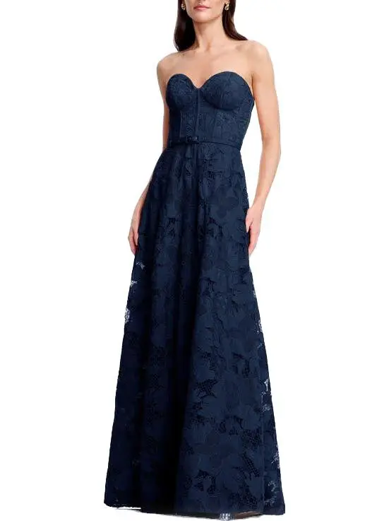 Dress The Population Pierson Floral Lace Strapless Gown - Navy