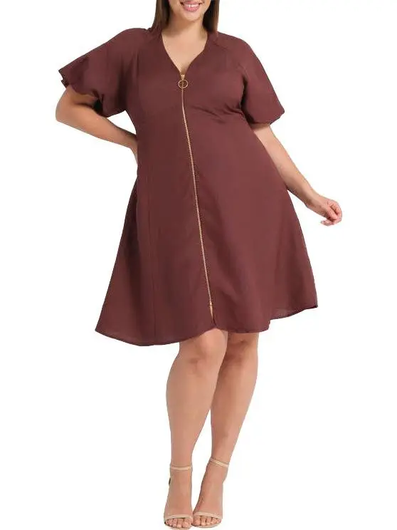ESTELLE Heather Front Zip Puff Sleeve Dress - Aubergine