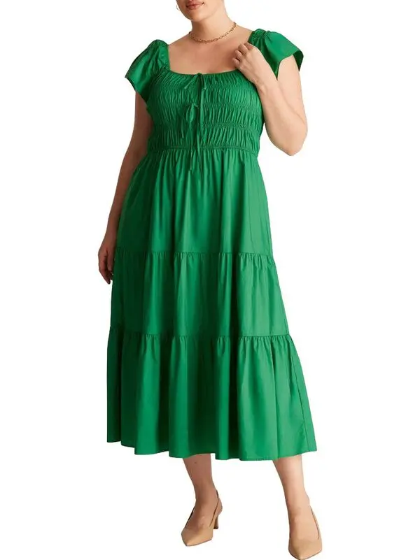 ESTELLE Alana Smocked Cotton Tiered Midi Dress - Emerald
