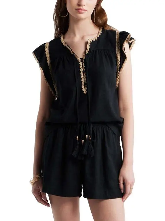 Treasure & Bond Crochet Trim Linen Blend Top - Black