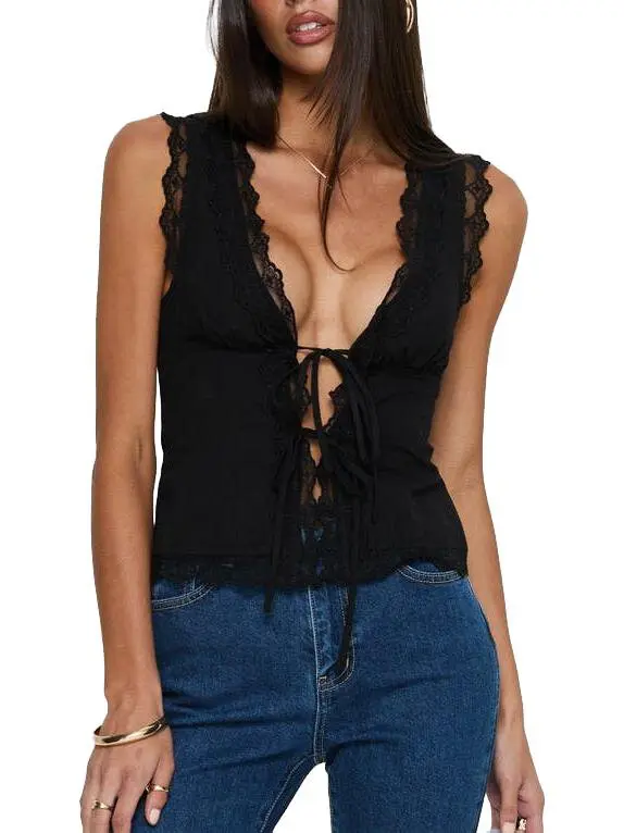 Princess Polly Kerena Lace Trim Tie Front Cotton Top - Black