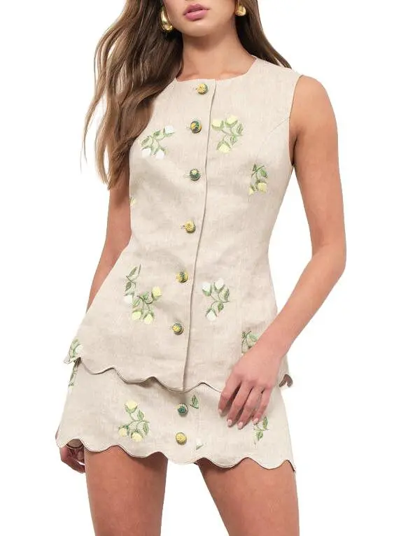 MAUDE CLUB Willow Floral Embroidered Linen Button-up Top - Beige Floral