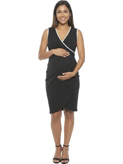 24SEVEN COMFORT APPAREL Maternity V-neck Sleeveless Faux Wrap Midi Dress With Tulip Hemline - Black