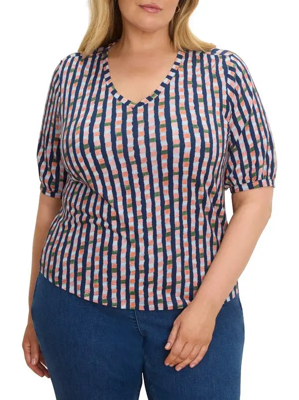 NIC+ZOE Elbow Sleeve V-neck T-shirt - Indigo Multi