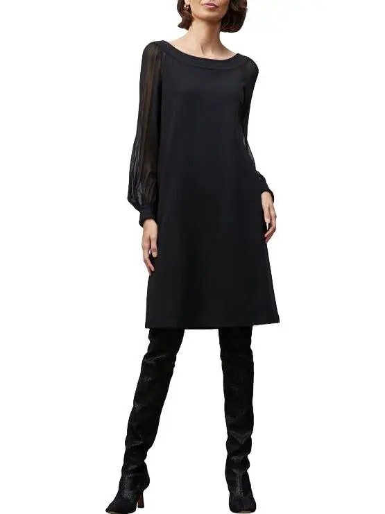 Lafayette 148 New York Linden Sheer Long Sleeve Punto Milano Shift Dress - Black