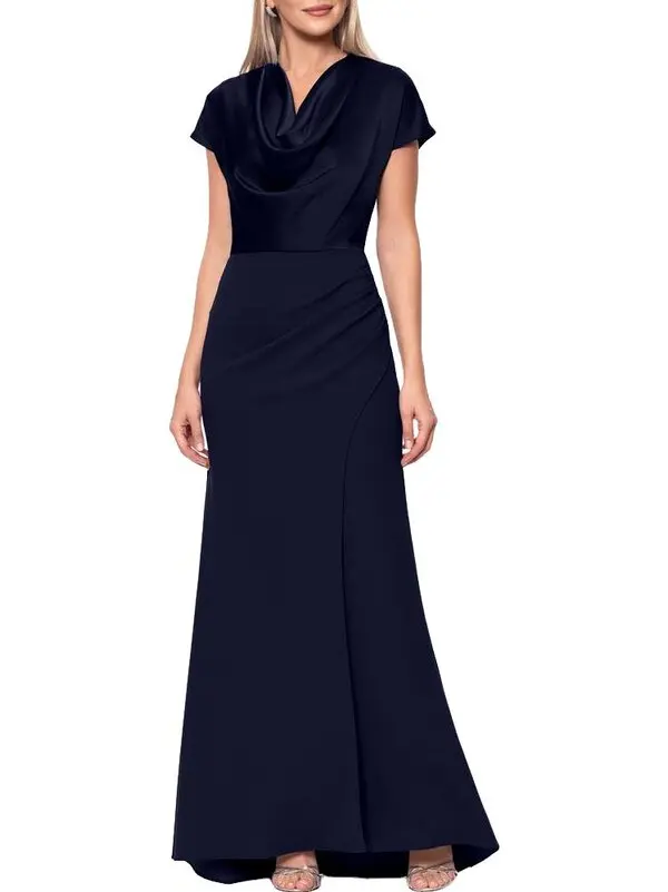 Betsy & Adam Cowl Neck Satin Gown - Navy