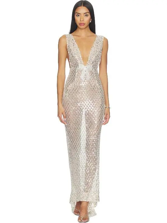 BRONX BANCO Liora Crystal Embellished V-neck Maxi Dress - Silver