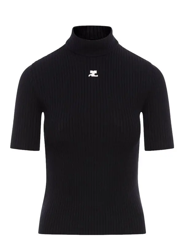 COURREGES Ribbed Knit High Neck Short Sleeve Sweater - Black