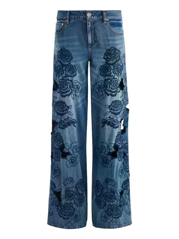 Alice + Olivia Floral Embroidered Cutout Wide Leg Jeans - Blue