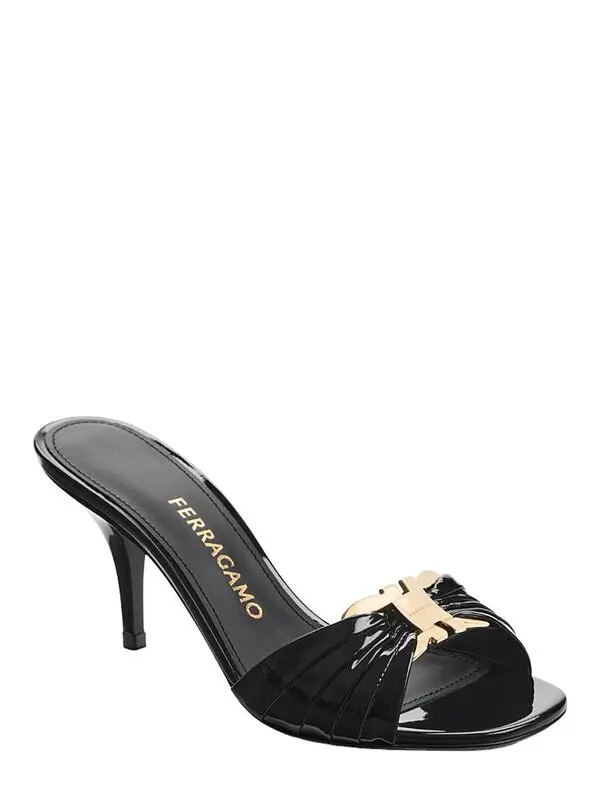 FERRAGAMO Witty 70 Gancini Patent Leather Slide Sandals - Nero