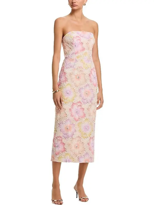 MILLY Kait Floral Embroidered Strapless Midi Dress - Rainbow Multi