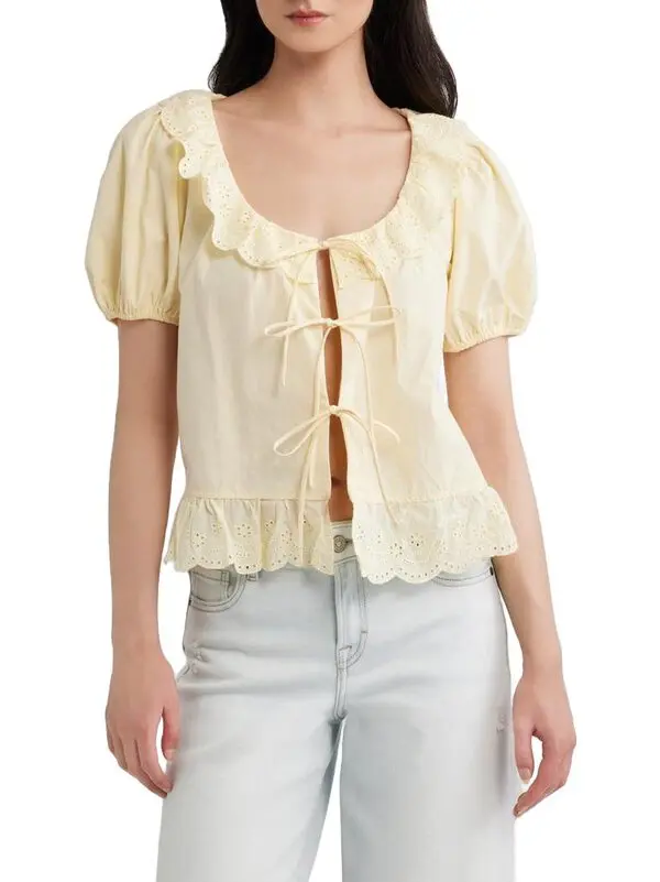 PETAL & PUP Cotton Eyelet Embroidered Tie Front Top - Mango