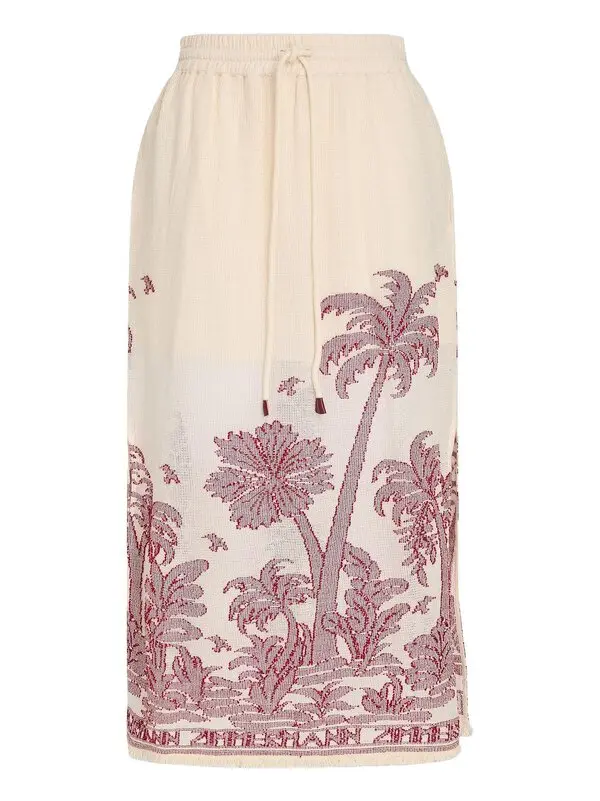 Zimmermann Fil Coupé Cotton Midi Skirt With Tropical Print - Ecru