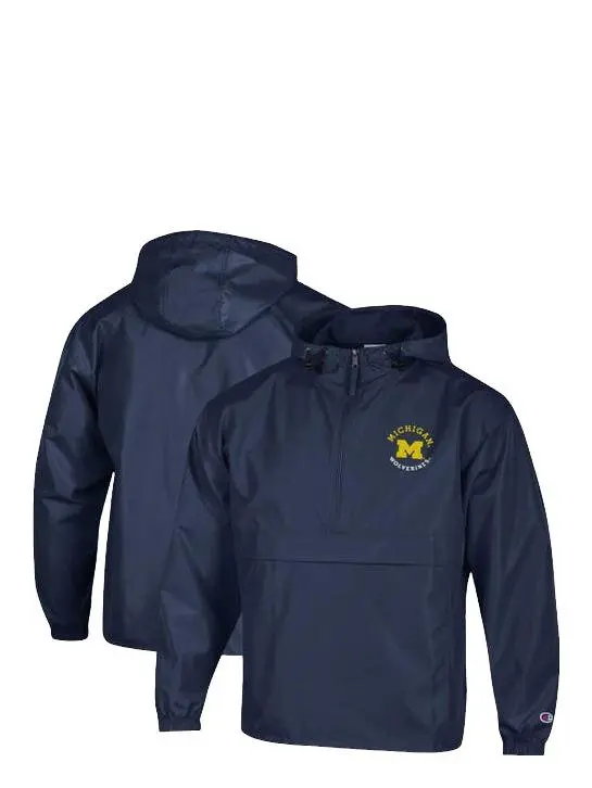 Champion Michigan Wolverines Packable Hooded Windbreaker Half-zip Jacket - Navy