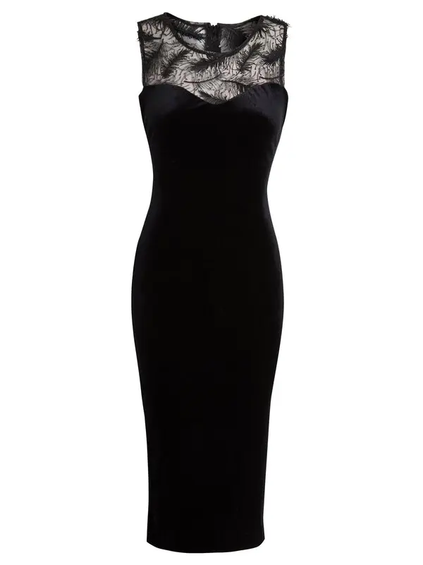 SARVIN Velvet Midi Bodycon Dress With Sweetheart Lace Neckline - Black