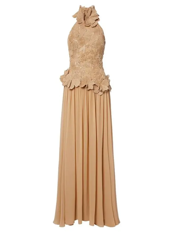 Elie Saab Raffia-trimmed Silk-blend Tulle Gown - Beige