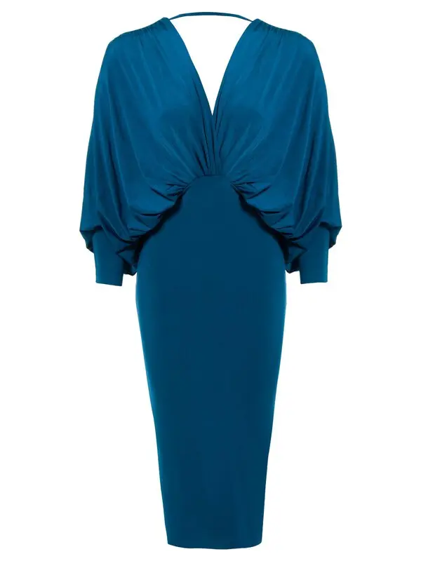 SARVIN Teal Plunging V-neck Batwing Sleeve Midi Dress - Blue