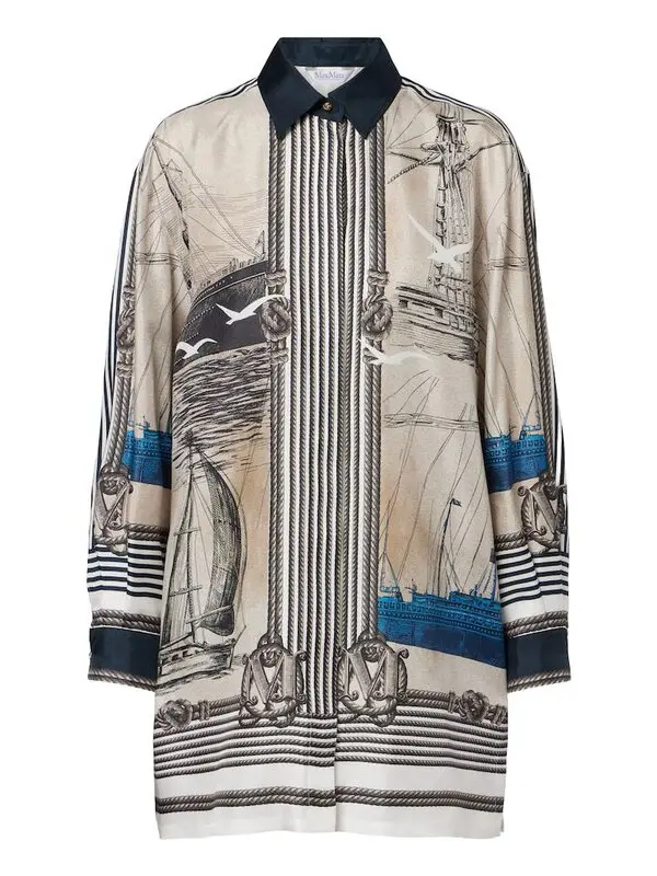 Max Mara Oversized Printed Silk Twill Shirt - Grey