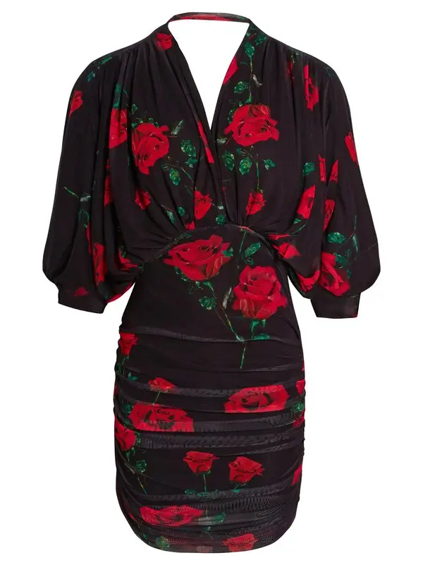 SARVIN Ruched Batwing Floral Mini Dress - Black