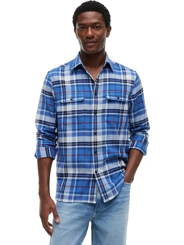 Tommy Hilfiger Classic Fit Plaid Brushed Shirt - Blue Check Pattern