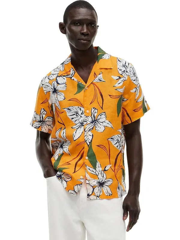 Tommy Hilfiger Regular Fit Floral Linen Camp Shirt - Orange Flash