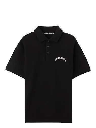 Palm Angels Back Curved Logo Short Sleeve Polo Shirt - Black