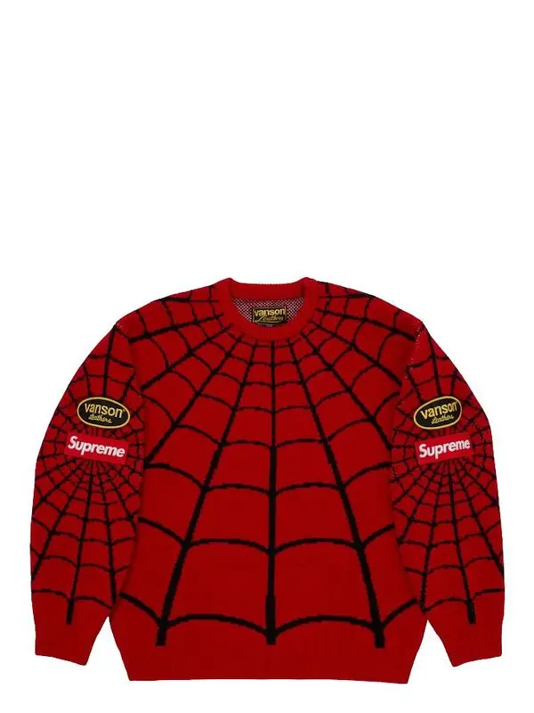 Supreme Vanson Leathers Spider-man Jacquard Knit Sweater - Red