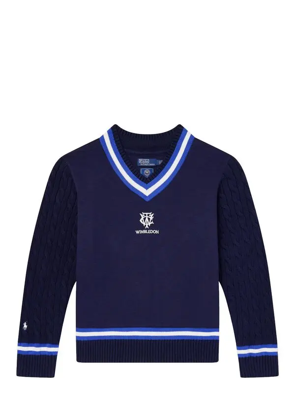 Polo Ralph Lauren Wimbledon Logo-embroidered Cable-knit Cotton-blend Fleece Sweater - Blue