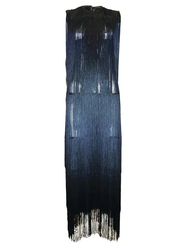 CHUKS COLLINS Hand-layered Fringe Mesh Midi Dress - Black