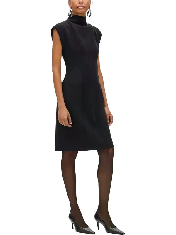 Another Tomorrow Wool Cowl Neck Sleeveless Dress With Graphic Topstitching - Black