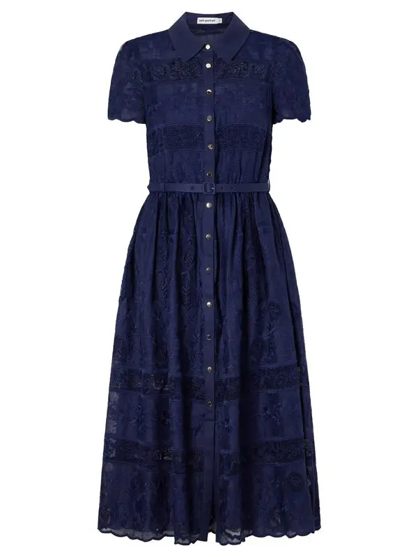SELF-PORTRAIT Belted Embroidered Lace-trimmed Ramie Midi Dress - Blue