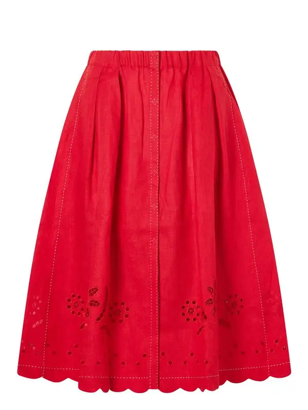 Vita Kin Broderie Anglaise Trimmed Linen Midi Skirt - Red