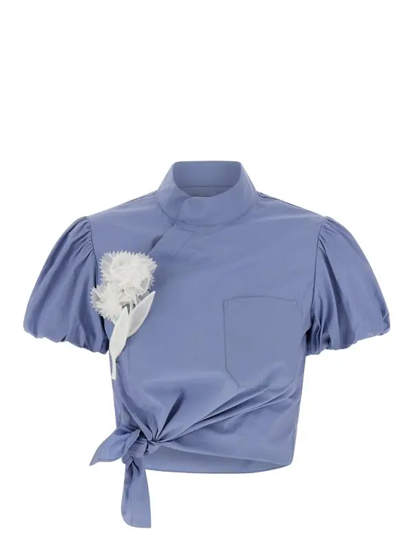 SELF-PORTRAIT Asymmetrical Tie-side Top With Detachable Corsage - Blue
