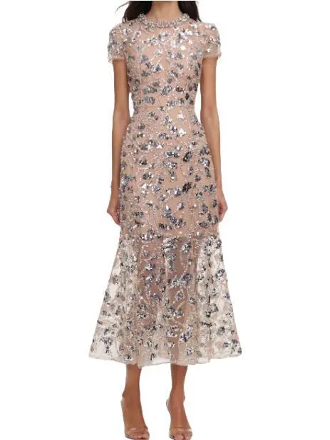 SELF-PORTRAIT Sequin-embellished Midi Dress With Crystal Neckline - Silver