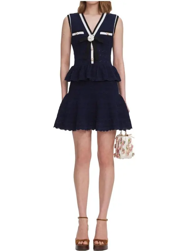 SELF-PORTRAIT Peplum Pointelle Knit Mini Dress - Black