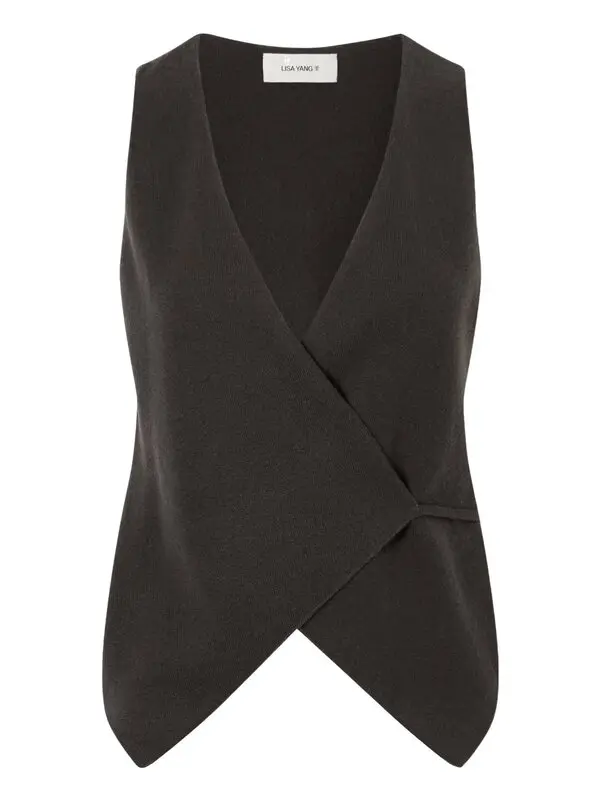 LISA YANG Sleeveless V-neck Knit Cardigan With Waist Tie - Black