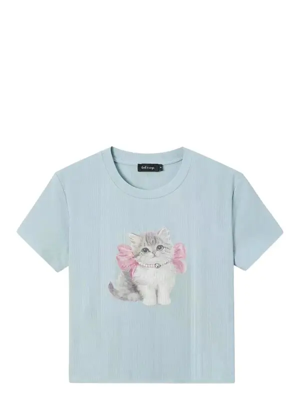 TOUT A COUP Ribbed Cat Print T-shirt - Blue