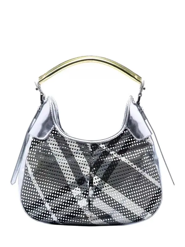 Burberry Metallic Patent And Beat Check Nylon Brooklyn Hobo Bag - Grey