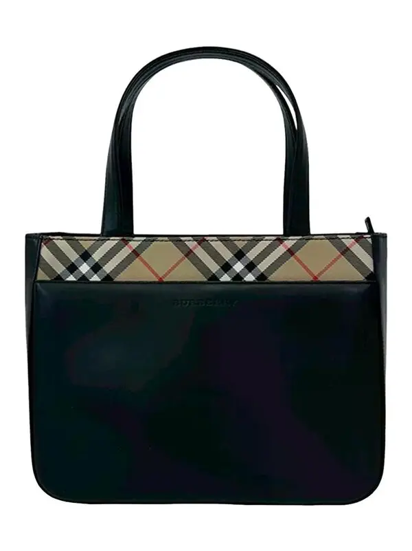 Burberry Nova Check Trimmed Leather Handbag - Black