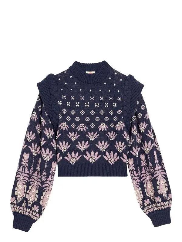 Farm Rio Faux Pearl Embellished Jacquard Knit Sweater - Navy