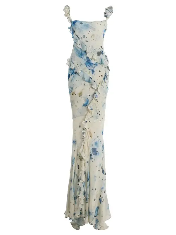 Paris Georgia Ruffled Silk Maxi Dress With Cascading Ruffle And Removable Cape - Print