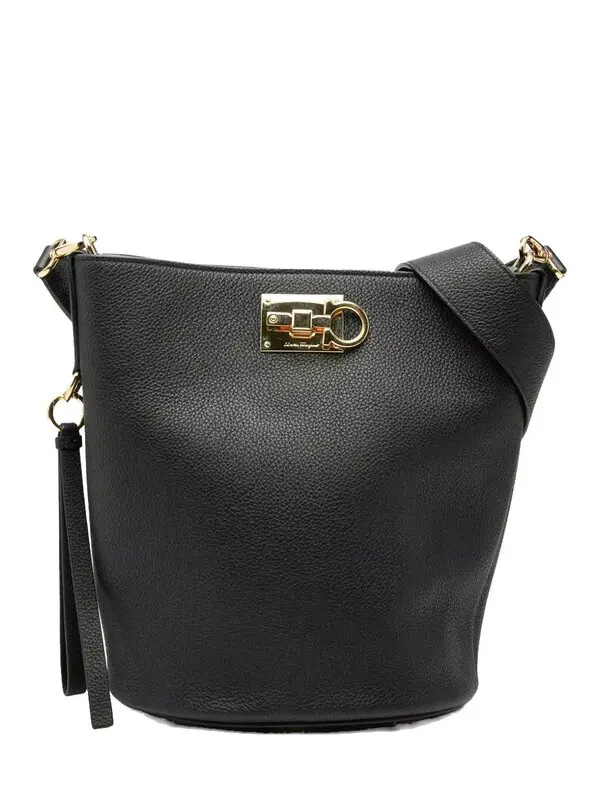 FERRAGAMO Grained Calfskin Studio Bucket Bag - Black