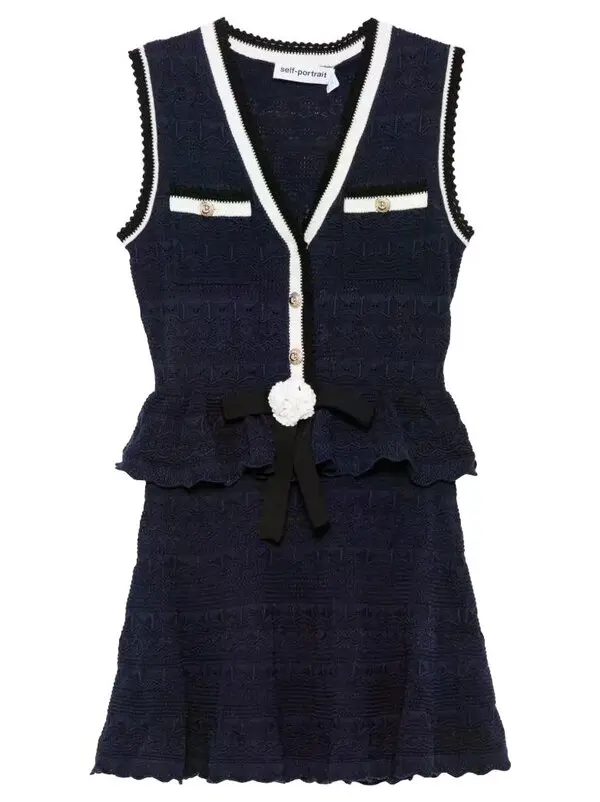 SELF-PORTRAIT Bow Detail Pointelle Knit Mini Dress - Blue