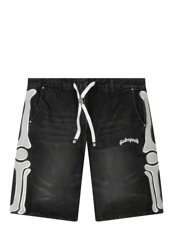 GODSPEED Skeleton Appliqué Denim Shorts - Black