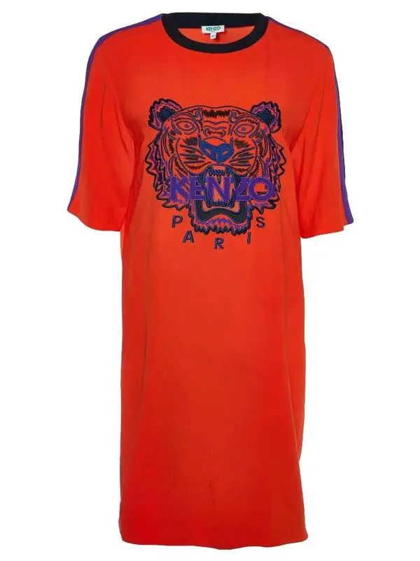 Kenzo Embroidered Tiger Motif Shift Dress - Orange