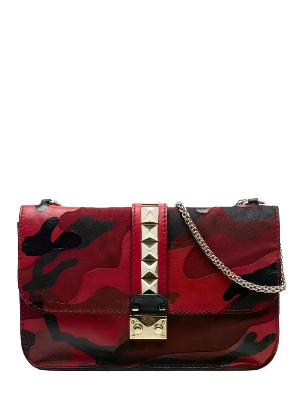 Valentino Garavani Medium Nappa And Canvas Camouflage Rockstud Glam Lock Crossbody Bag - Red